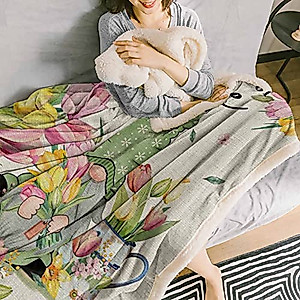 Possta Decor Sherpa Fleece Throw Blankets,Easter Gnome Spring Pink Tulip Floral Mother's Day Soft Warm Fleece Reversible Blanket,Dwarf Flower Plant Cozy Throws for Living Room Sofa,Couch,Bed 40x50In