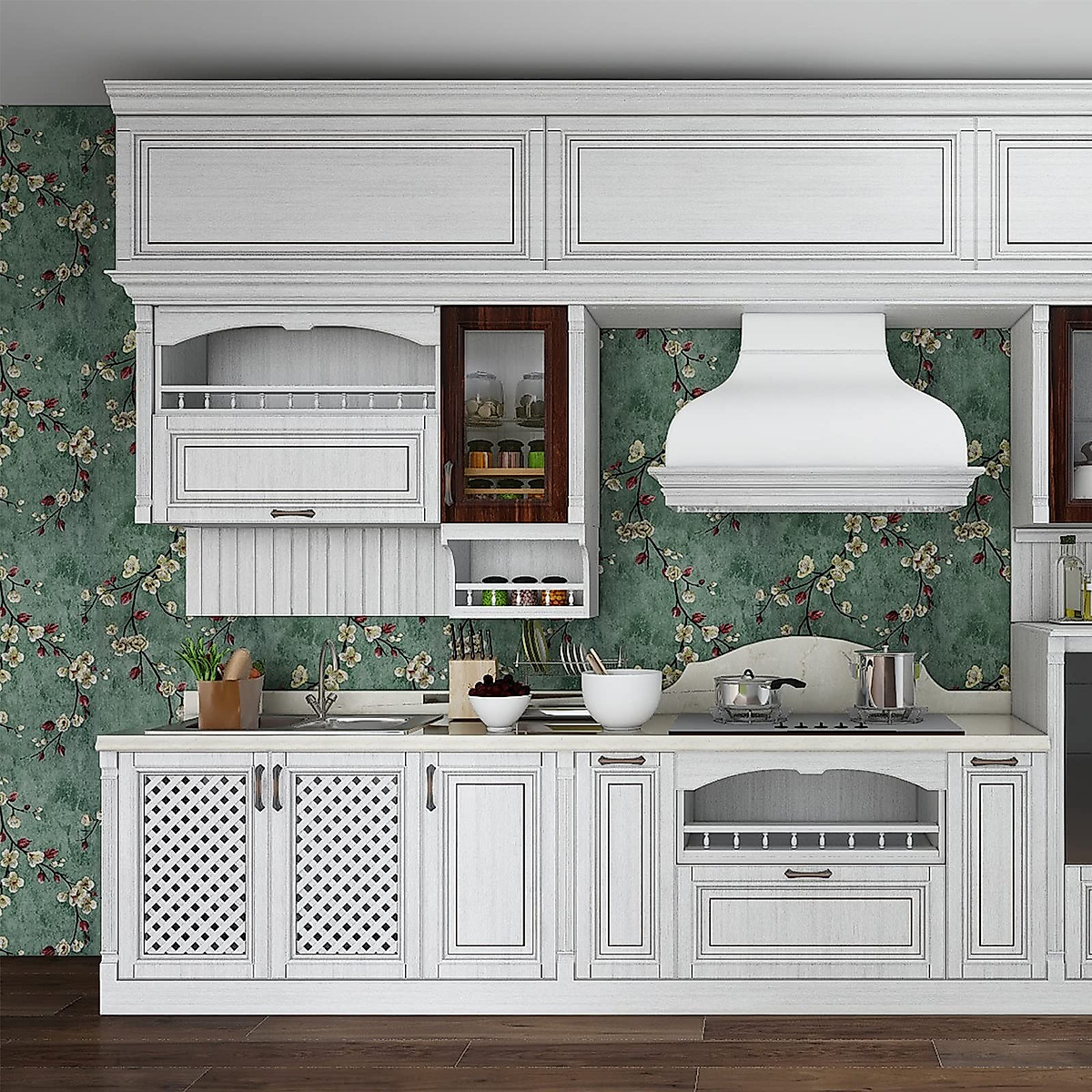 Dulanxer Flower Tree Wallpaper Peel and Stick Wallpaper Self Adhesive Removable Paper Wall Covering Shelf Drawer Liner Vinyl Roll 17.7" x 118", Green