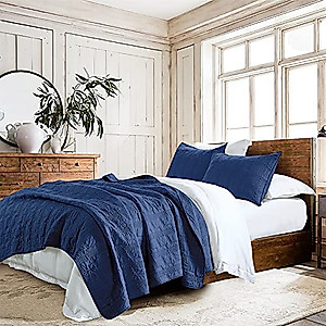 100% Cotton Quilt Set King Size, Navy Blue Pre-washed 3-Piece Bedspread Coverlet Set, Cozy Lightweight Stitching Decorative Bedding Cover with 2 Shams in Geometric Pattern Rustic Style for All Season