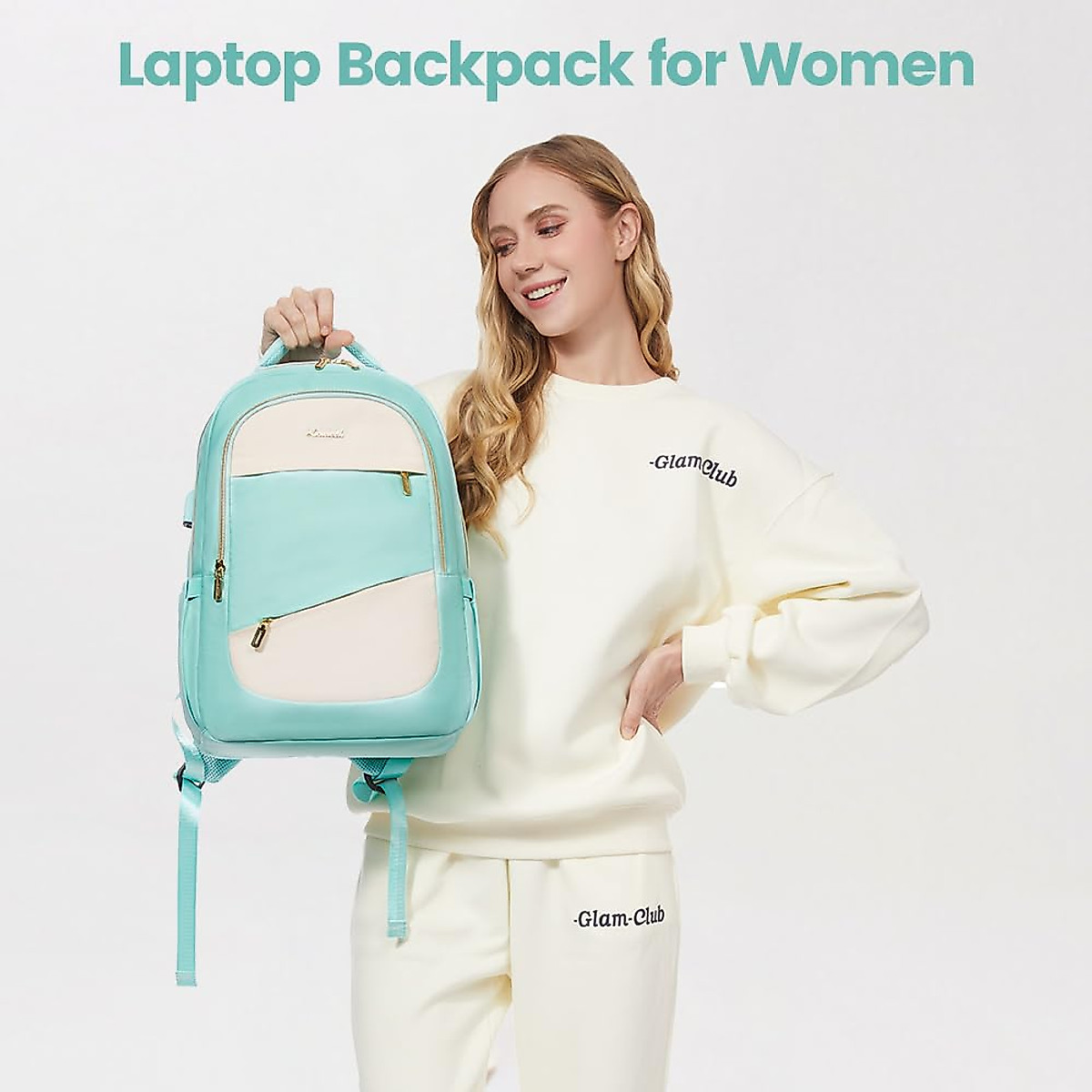 LOVEVOOK Laptop Backpack for Women,15.6 Inch College Travel Computer Back Pack, Backpacks with USB Port,Work Business Water Resistant Bag with Laptop Compartment for Teacher Nurse,Green-White