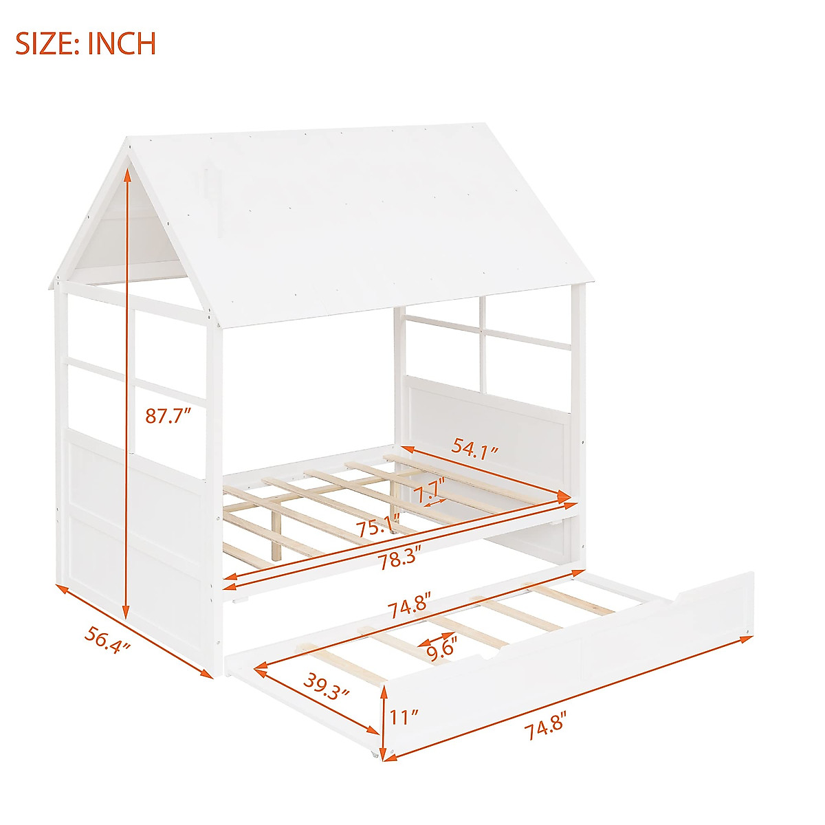 BIADNBZ Full Size House Bed with Twin Trundle, Wooden Platform BedFrame Daybed w/Roof&Window for Kids Boys Girls Bedroom, White