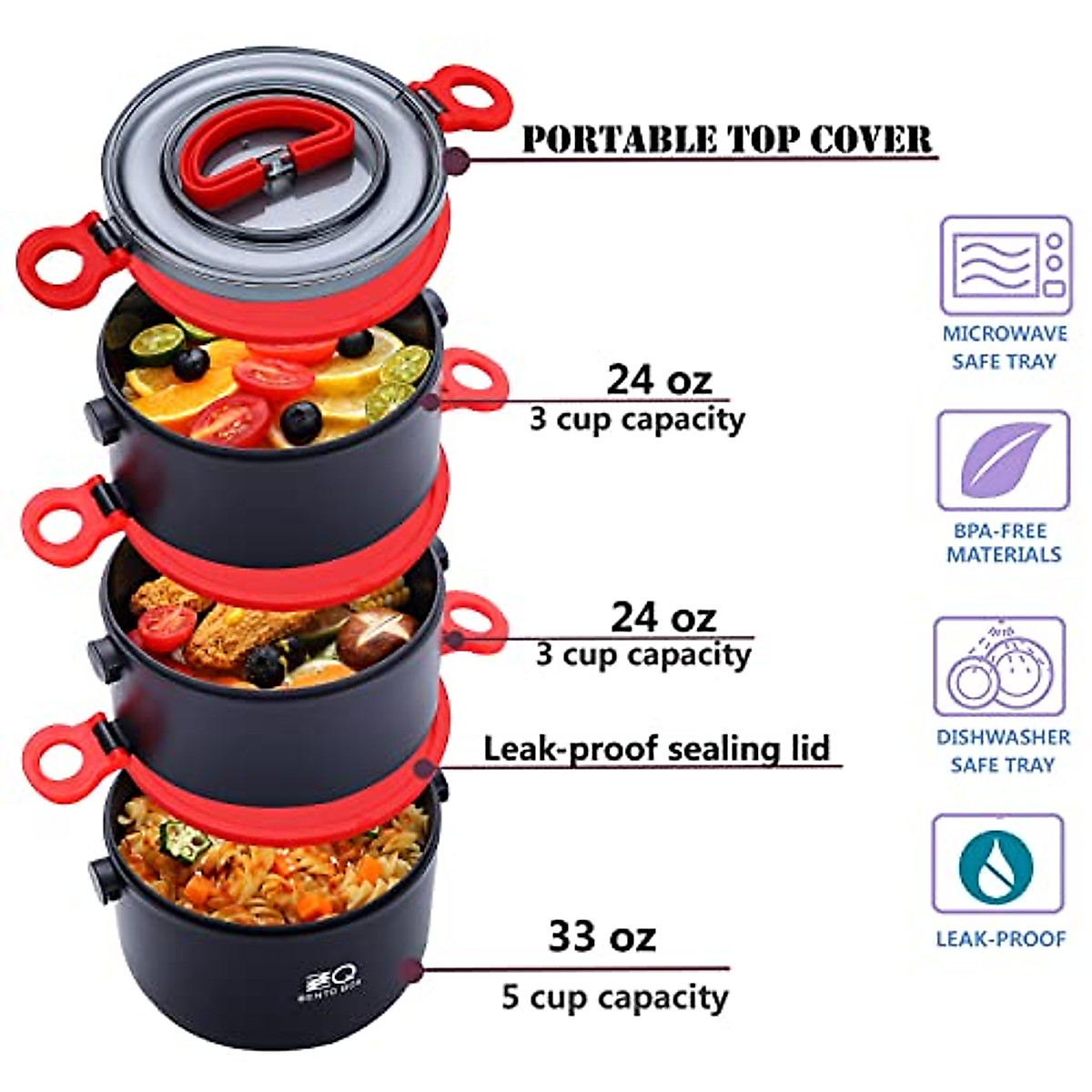 ZZQ Bento Box Adult Lunch Box with Bag/Utensil, Stackable Large 81-oz Salad Bowl - Microwave Safe/Leak-Proof Bpa Free Lunch Containers for On-the-Go Balanced Eating - Black