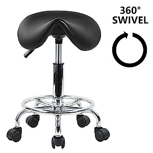 KKTONER Saddle Stool with Foot Rest PU Leather Swivel Adjustable Rolling Stool with Wheels Facial Salon Chair (Black)