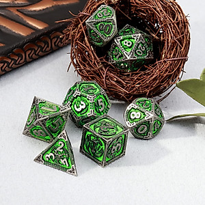 PJOY DND Dice Set Antique Iron Green Metal DND Polyhedral Dice with Dice Case D&D Dice for Dungeons and Dragons TTRPG Gifts