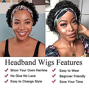 Short Headband Wig Human Hair Wigs for Black Women Put on and Go Glueless Wig Short Curly Headband Wigs 150% Density Natural Black Pixie Cut Wig Human Hair 6 Inch