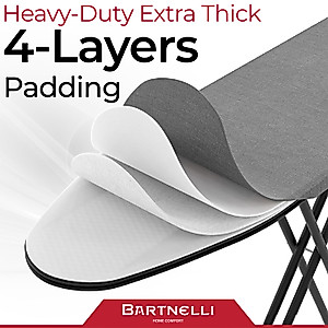 Bartnelli Ironing Board Made in Europe | Iron Board with 4 Layered Cover & Pad, Height Adjustable up to 36" Features A Safety Iron Rest, 4 Steel Legs, for Home Laundry Room or Dorm Use (43x14)