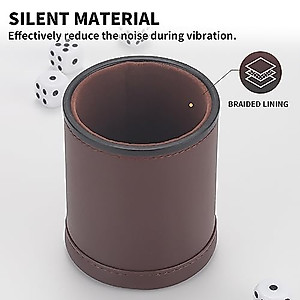 RERIVER 5 Pack PU Leather Dice Cups Velvet Felt-Lined Shaker Cups with 25 Dot Dice for Bar Party Yahtzee Farkle Dice Games, Brown