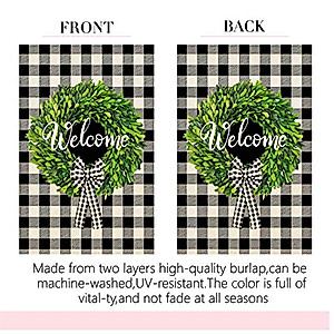 Molili Welcome Spring Boxwood Wreath Garden House Flag Burlap Vertical Double Sided Summer Buffalo Check Plaid Bow-Knot Rustic Farmhouse Flag Yard Outdoor Farm Decoration 28 x 40 Inch