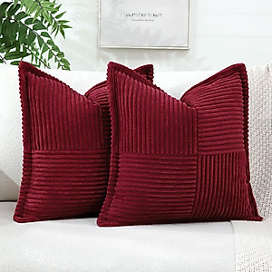 OTOSTAR Set of 2 Corduroy Throw Pillow Covers with Splicing Super Soft Boho Striped Pillow Covers Broadside Decorative Textured Throw Pillows for Couch Sofa Bed Living Room 18x18 Inch, Burgundy