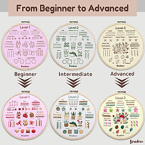 Bradove Beginner Embroidery Kit for Adults Kids, Learn to Embroider 37 Stitches and 13 Cute Patterns, Stitches Kit, Bead Embroidery Kit, Beginner Embroidery Practice