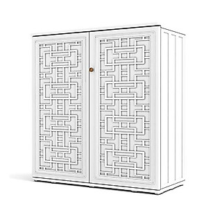 HOMSPARK Medium Resin Storage Cabinet Waterproof, 60-Gallon Indoor & Outdoor Deck Box for Garden Tools, kitchen Accessories, with 2 Laminate Shelves, (34 in. L x 15 in. W x 36 in. H, Light Beige)