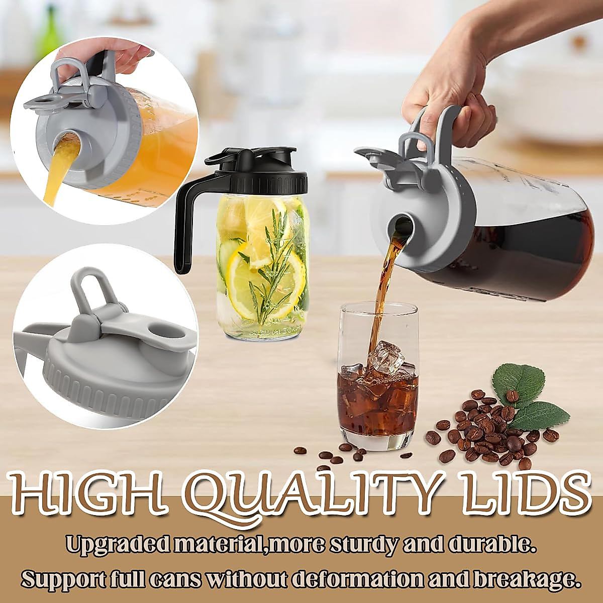 Mason Jar Pour Spout Lid 2 Pack Plastic Mason Jar Lids Regular Mouth with Handle Mason Jar Pitcher Flip Cap Airtight Handle Lid, Leak Proof Seal Cover Easy To Open (70MM-Black+Grey)