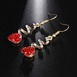 Vintage Red 3D Rose Drop Earrings For Women Statement Dangle Earrings With Crystal Rhinestone Valentine's Day Gift