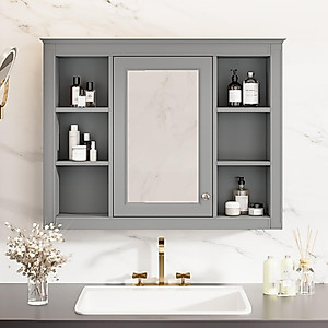 Merax Bathroom Medicine Cabinet with Mirror, 35" x 27.5" Wall Mounted Medicine Cabinet with Single Door and Shelves, Over The Toilet Mirrored Bathroom Storage Wall Cabinet
