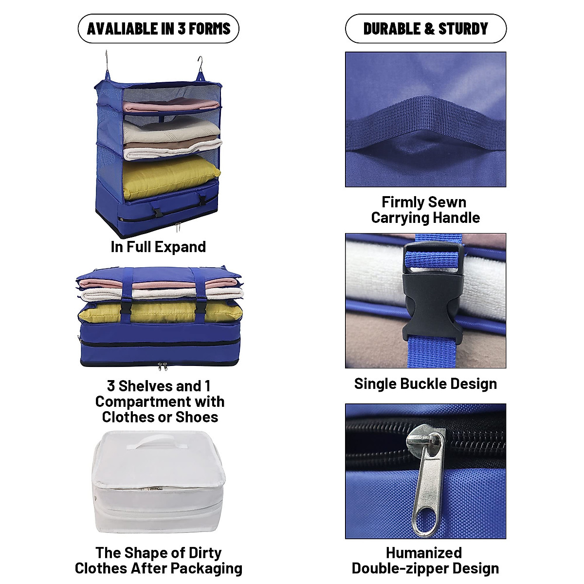 Caroeas Portable Hanging Travel Shelves Bag Suitcase Organizer Carry-on Closet Packing Cubes for Travel, 4-Shelf Suitcase Closet with 2 Hooks, X-Large Capacity, Blue