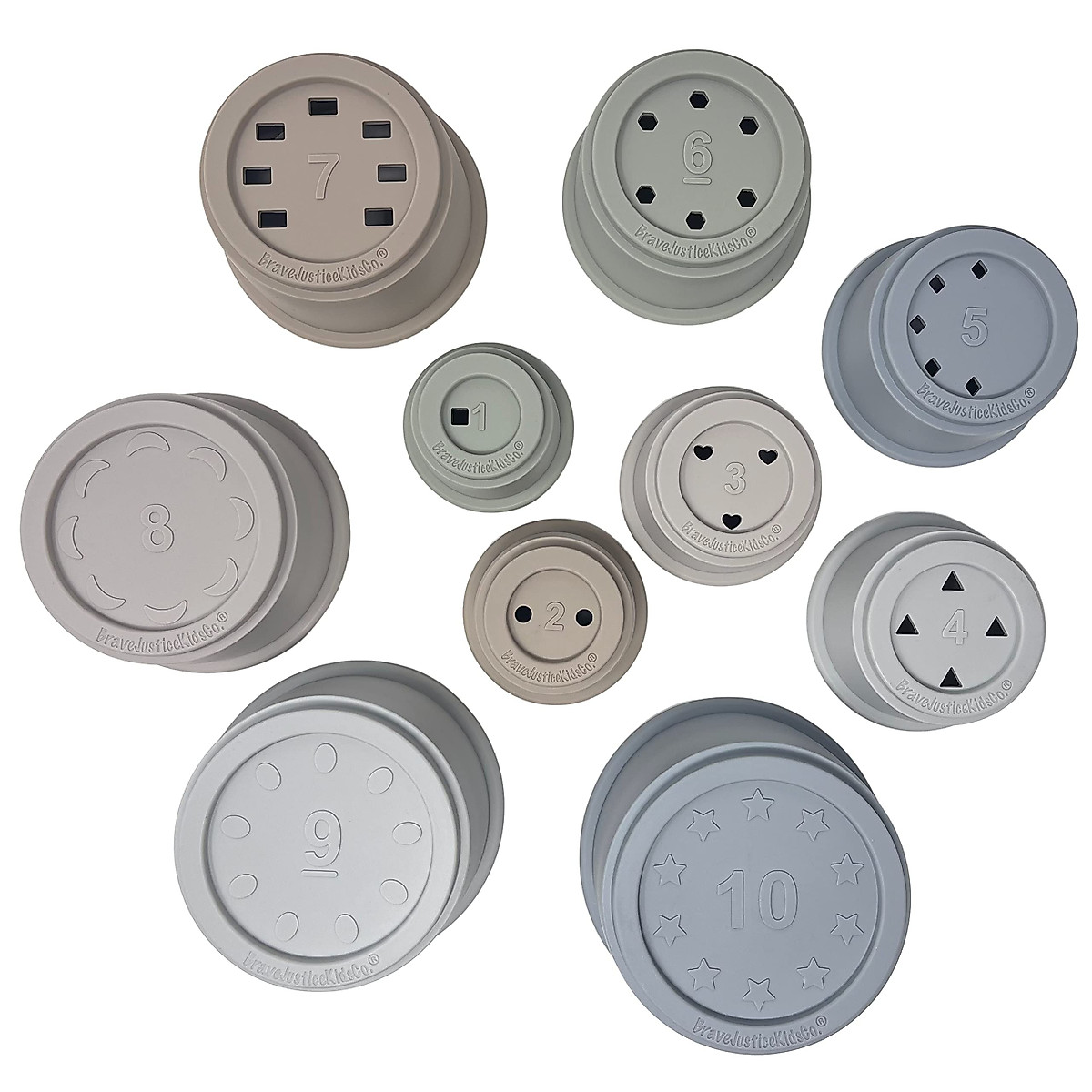 BraveJusticeKidsCo. Silicone Educational Stacking Cups (10 Pieces) | Baby Sorting and Counting | Bath Toys | Early Motor Development | Best Montessori Toy Gift for 6 Month+ Boys & Girls