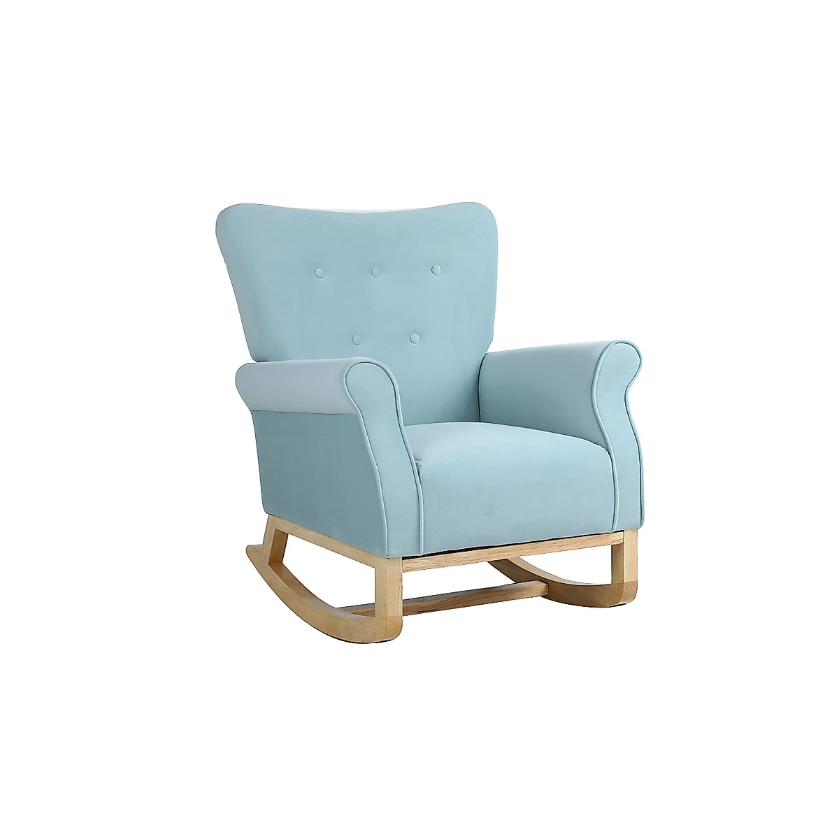 Yoluckea Modern Rocking Chair, Upholstered Rocking Armchair Accent Chair Comfy Wingback Glider Rocker with Safe Solid Wood Base for Nursery, Playroom, Bedroom and Living Room (Light Blue)