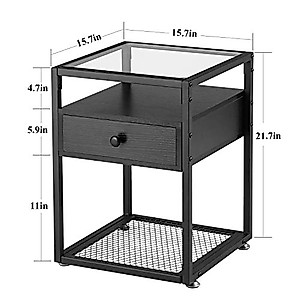 VECELO Bedside End Table, Modern Nightstand with Drawer, Night Stand for Living Room Bedroom, Tempered Glass, Black