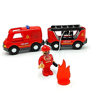 Magnetic Trains Cars Set Wooden Train Track Accessories Fire Truck Train Set for Toddlers 3-5 Wooden Train Sets for Boys Ages 3-4-7 (Fire Truck B (with Light and Sound))