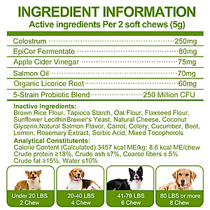 Dog Allergy Relief Chews, Salmon Oil Skin & Coat Supplement with Colostrum, Probiotics, Dog Itching Skin Relief, Dry Skin, Itchy Paws - Seasonal Allergies & Hot Spots Support Treats - 180 Count 450g