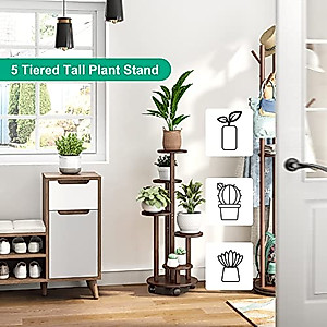 Indoor Plant Stand with Wheels, 5 Tiered , Bamboo Plant Stands for Indoor Plants Multiple, Corner Plant Stand for Window Garden Balcony Living Room Outdoor