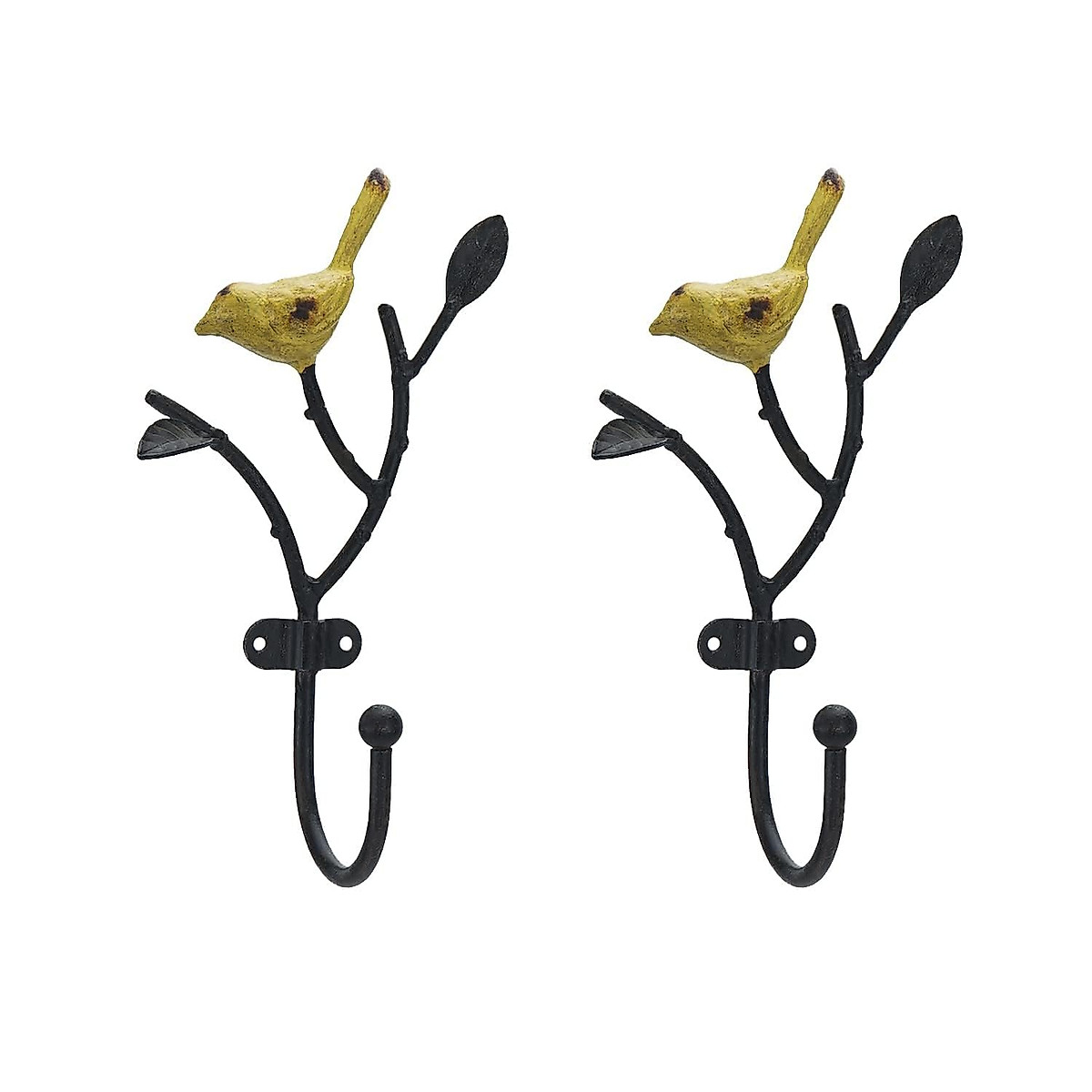 SOFFEE DESIGN 2pcs Vintage Coat Hooks Wall-Mounted Hanging Metal Rack, Heavy Duty Tree Branch with Birds Key Holder, Farmhouse Garden Style Hooks for Towels, Hats, Scarves Yellow