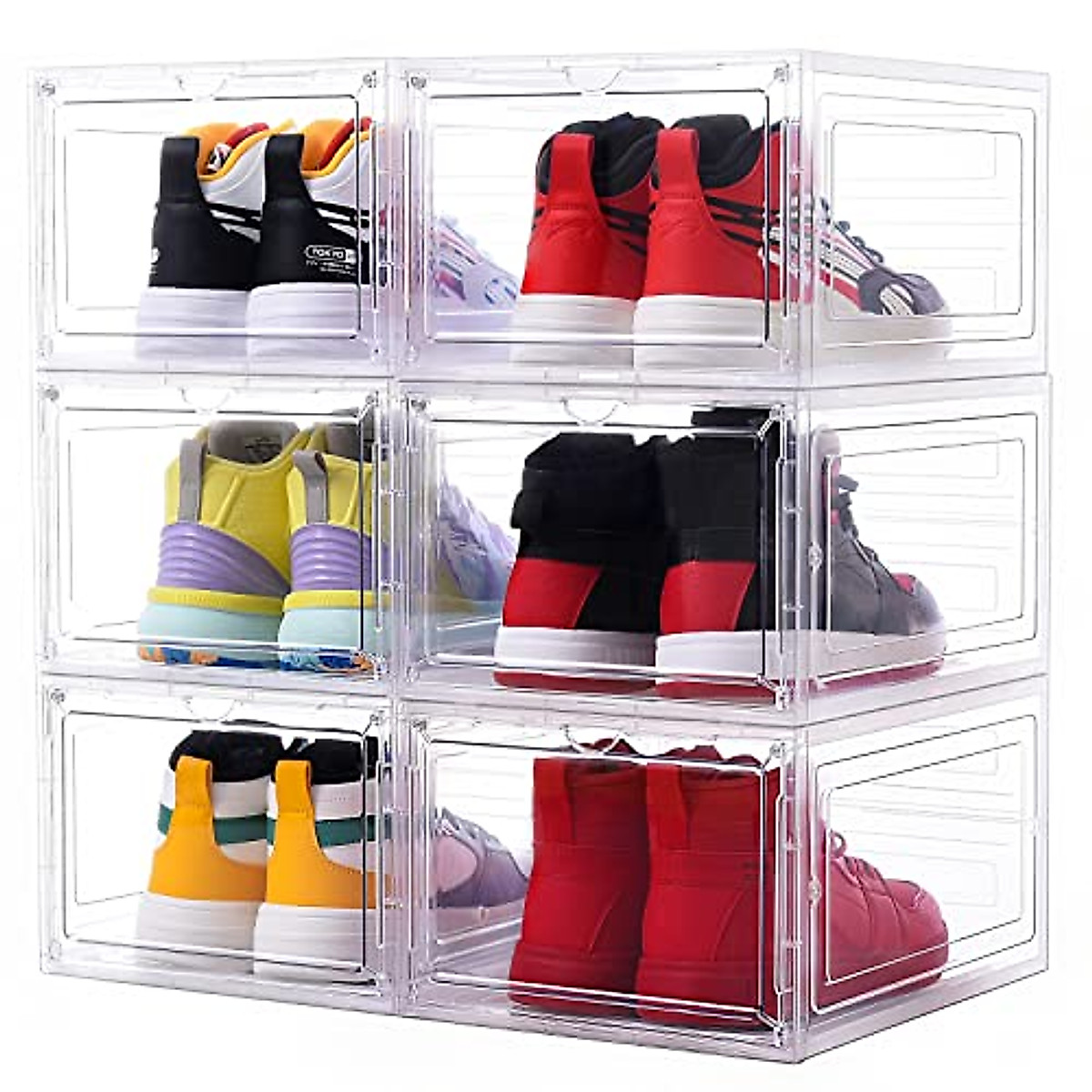 Yukui LLc Large Clear Shoe Boxes Stackable,6 Pack Hard Plastic Shoe Storage Boxes with Magnetic Door,Drop Front Shoe Organizer Containers,Shoe Case Sneakers Storage Fit US Size 12 Clear