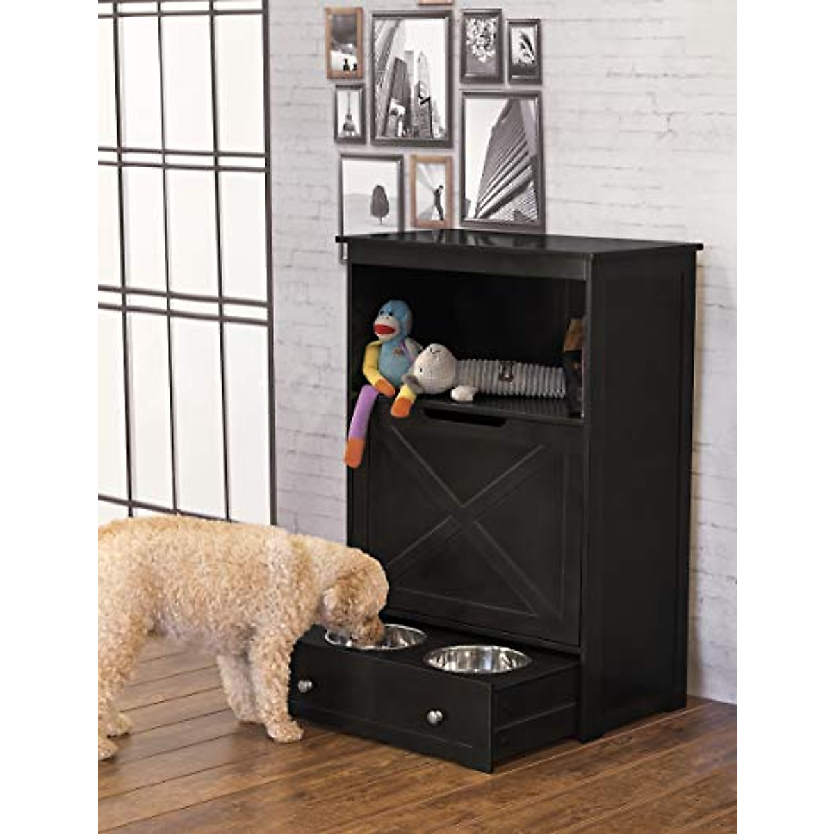 zoovilla Windsor Pet Feeders with storage - dog bowl stand, pet feeder station, Black 13.78?D x 24.02?W x 35.04?H