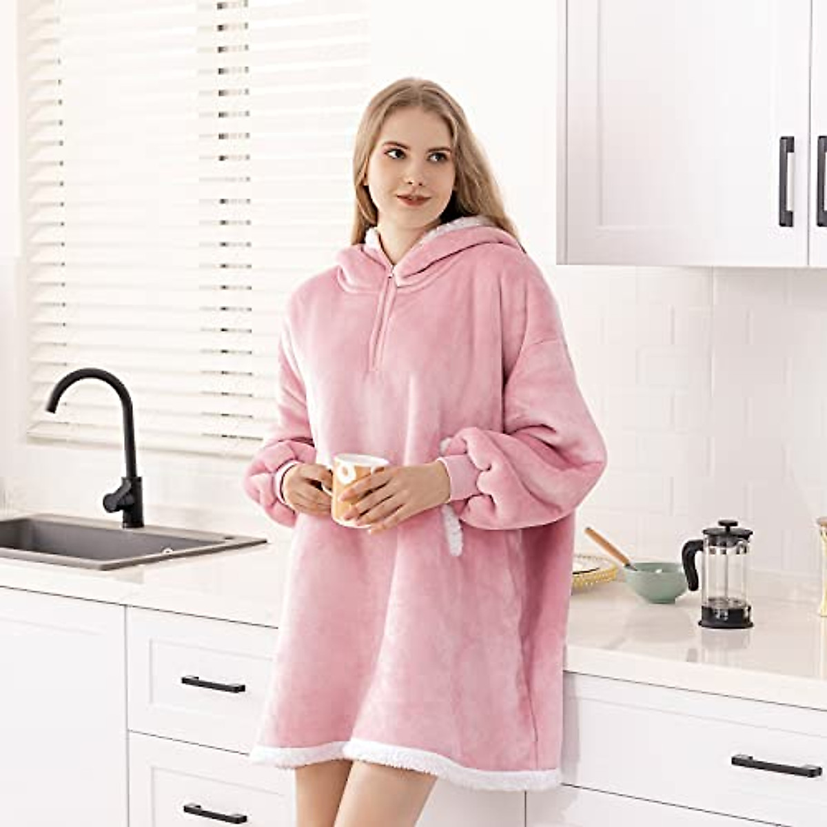 HBlife Oversized Wearable Blanket Hoodie for Adult, Thick Sherpa Sweatshirt with Elastic Sleeves and Giant Pockets Super Warm and Cozy Fuzzy Plush Fleece Blanket Jacket, Pink