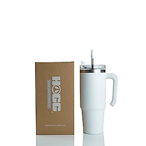 Hogg 30oz Grippy Tumbler with Removable Handle, Lid, and Stainless Steel Straw, DIY, Customizable, Double Wall Insulated Tumblers (White)