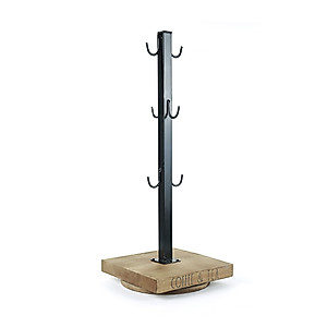 Rae Dunn Coffee Mug Holder - 6 Hook Mug Holder - Coffee Mug Tea Cup Rack with Wooden Spinning Base and Hanging Hooks for Storage & Display - Mug Stand Organizer for Kitchen Counter or Cafe Countertop