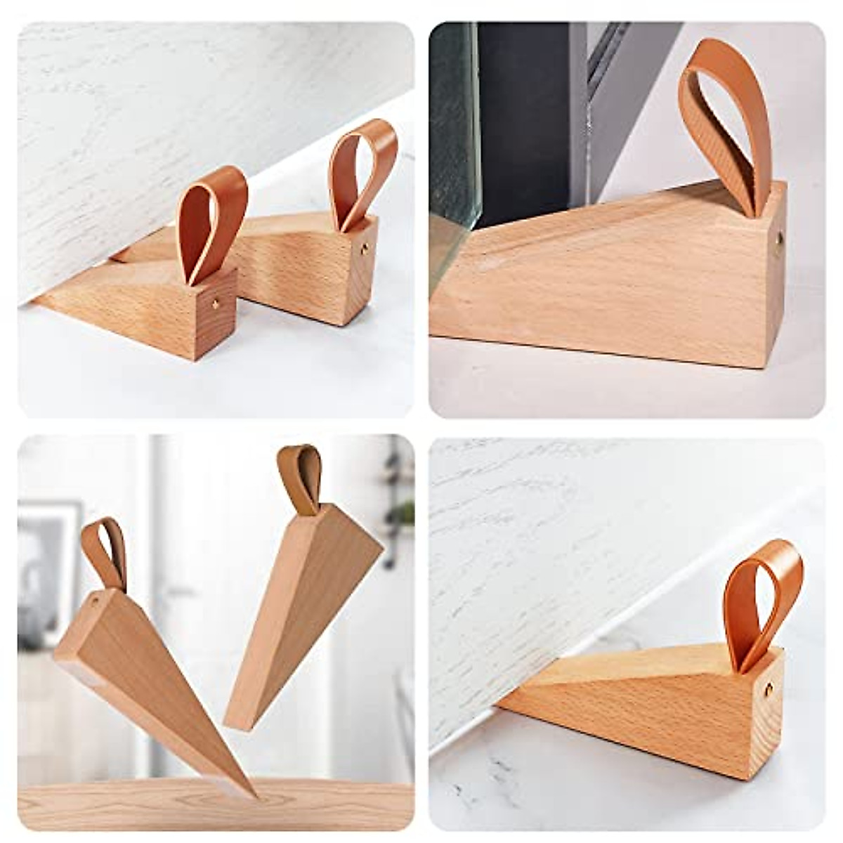 Wood Door Stopper, 2 Pack Door Stoppers Wedge with Adhesive Hooks, Solid Beech Wood Door Stop Wedge with Leather Band for Hanging, Wood Door Stoppers for Bottom of Door