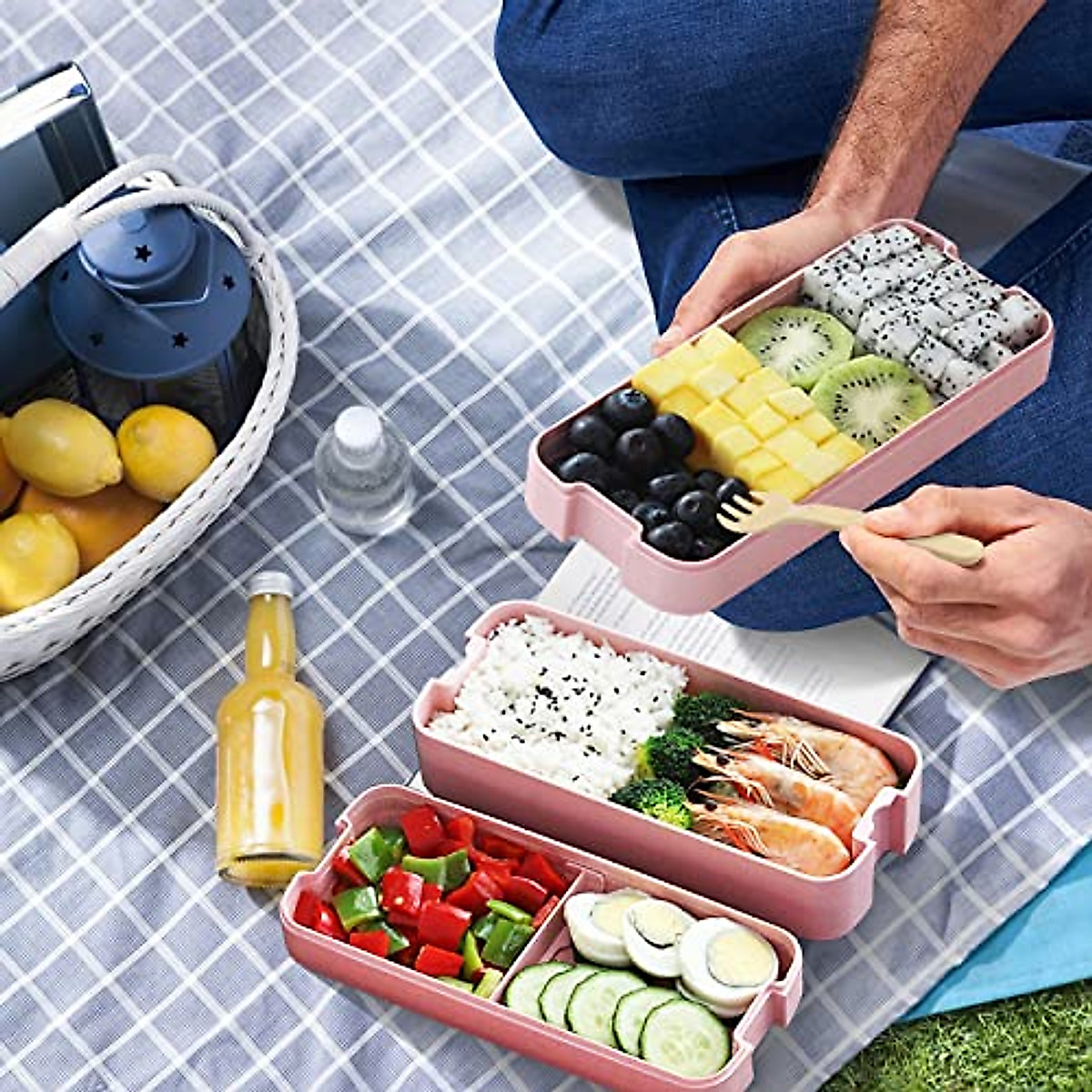 JSVSLTD 28pcs Bento Lunch Box Kit, 3 Layer Stackable Leakproof Lunch Container for Office Work Picnic (Pink)