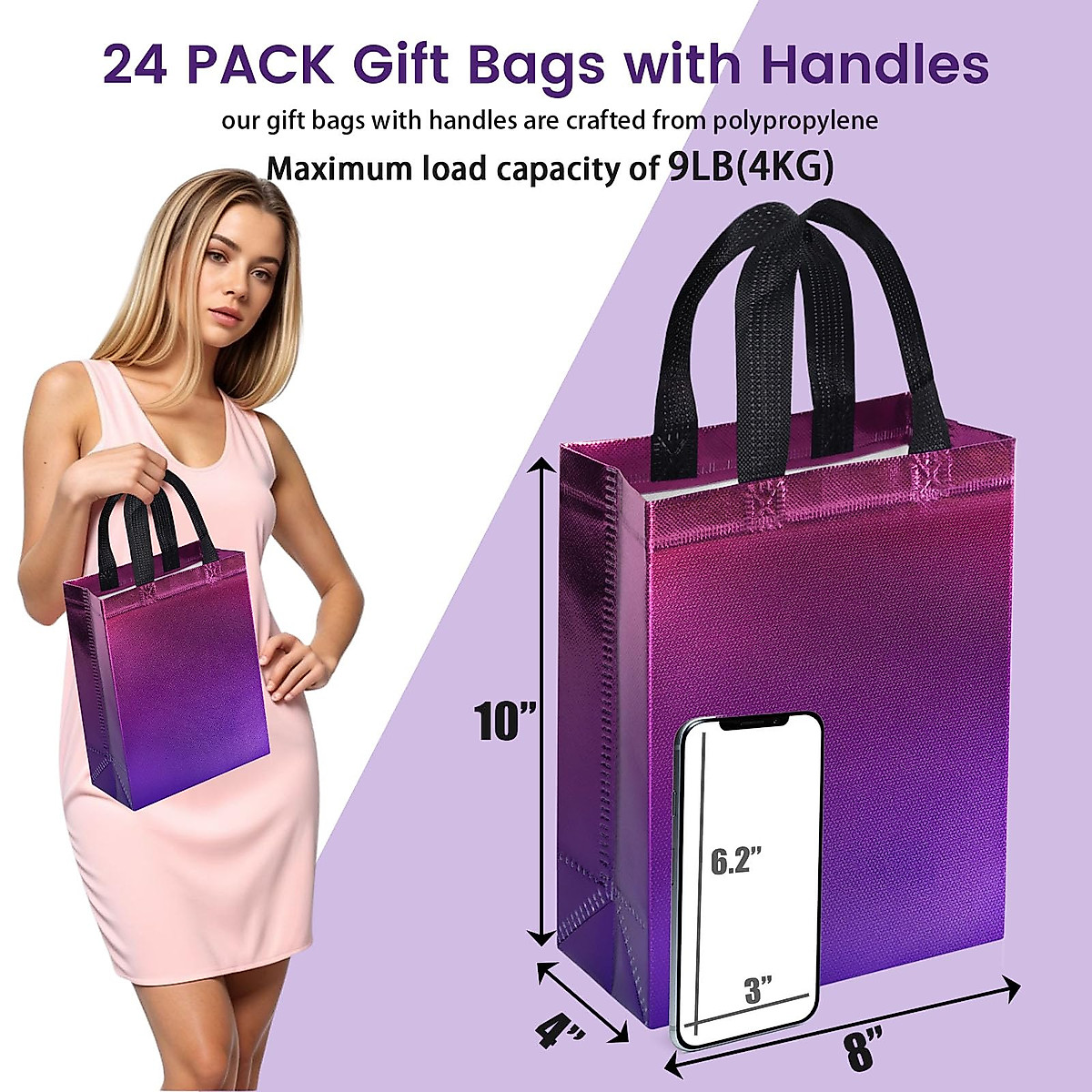 Shindel 6PCS Gift Bags with Handles, Reusable Gift Bags with Iridescent Finish 8"x4"x10" Gradient Purple Party Favor Bags for Birthdays Goodies Treat