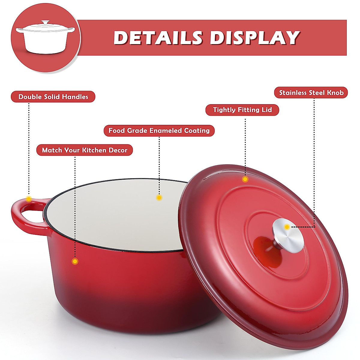 TeamFar 6QT Dutch Oven with Lid, Enameled Cast Iron Dutch Oven Nonstick Stock Pot for Cooking, Stewing, Braising, Roasting, Healthy & Heavy Duty, Double Handles & Sealed Cover, Easy to Clean - Red