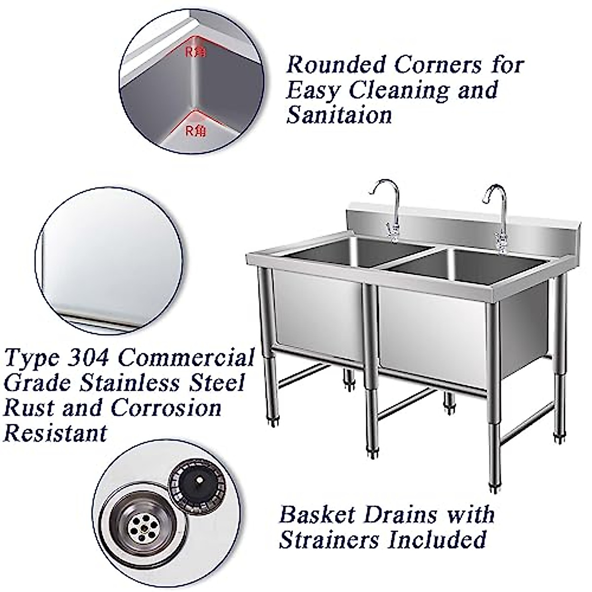 IOXGSGI Commercial 304 Stainless Steel Sink 2 Compartment Free Standing Utility Sink with Faucet Drain Basket Shelf, for Garage, Restaurant, Kitchen, Laundry Room, Outdoor