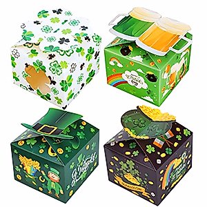 HOWAF 12 Pieces St. Patrick's Day Treat Boxes, Irish Candy Boxes Goodie Boxes for Kids, 4 Styles Green Party Favors Paper Boxes with Handle for Holiday St. Patrick's Day Irish Party Supplies Favors