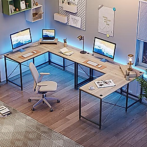 Bestier L Shaped Desk Computer Long Desk Reversible Corner Desk for Home Office Large Craft Table U Shaped 2 Person Gaming Workstation with Monitor Stand 3 Cable Holes L Desk, Light Oak