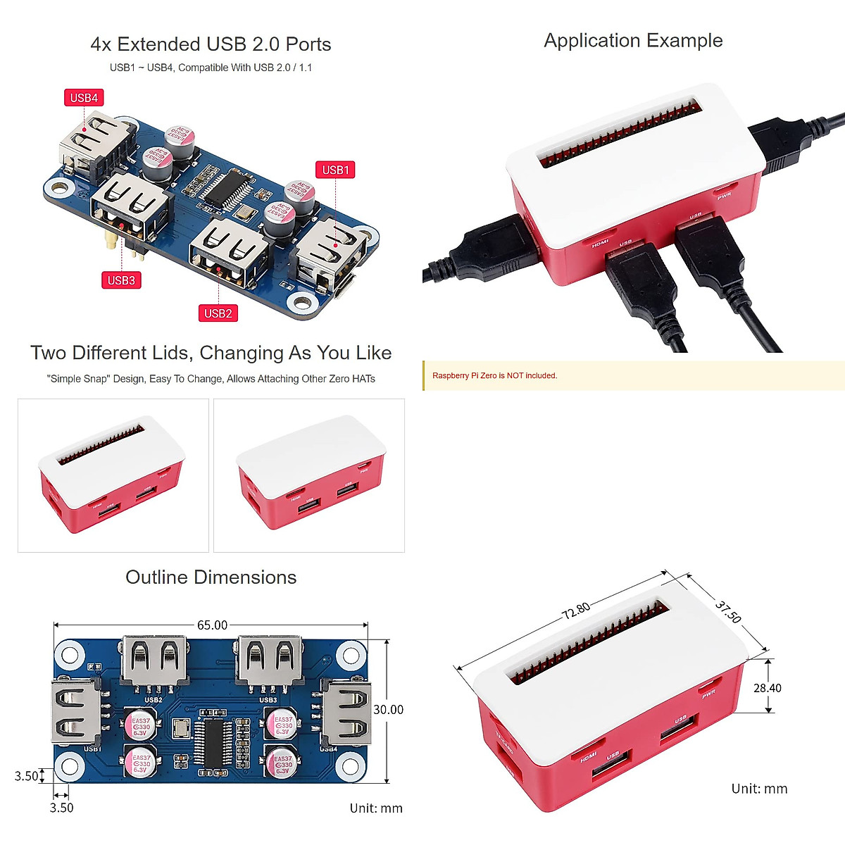 Waveshare USB HUB Box for Raspberry Pi Zero Series 4X USB 2.0 Ports Suitable for Raspberry Pi Zero Series