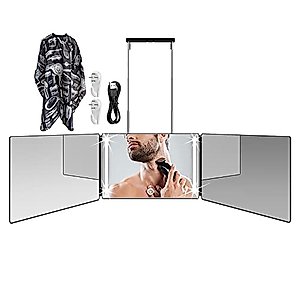 angilifan 3 Way Mirror for Hair Cutting, 360° Illuminated Trifold Makeup Mirror for Self Hair Styling, Adjustable DIY Haircutting Tool to Trim or Shave (with led)