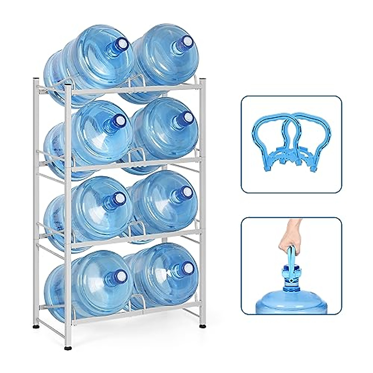 5 Gallon Water Jug Holder of 4 Tiers Water Bottle Storage Rack Stand with Large Capacity for 8 Bottles Heavy Duty Water Bottle Organizer Save Space for Kitchen, Dining Room, Garage (Silver)