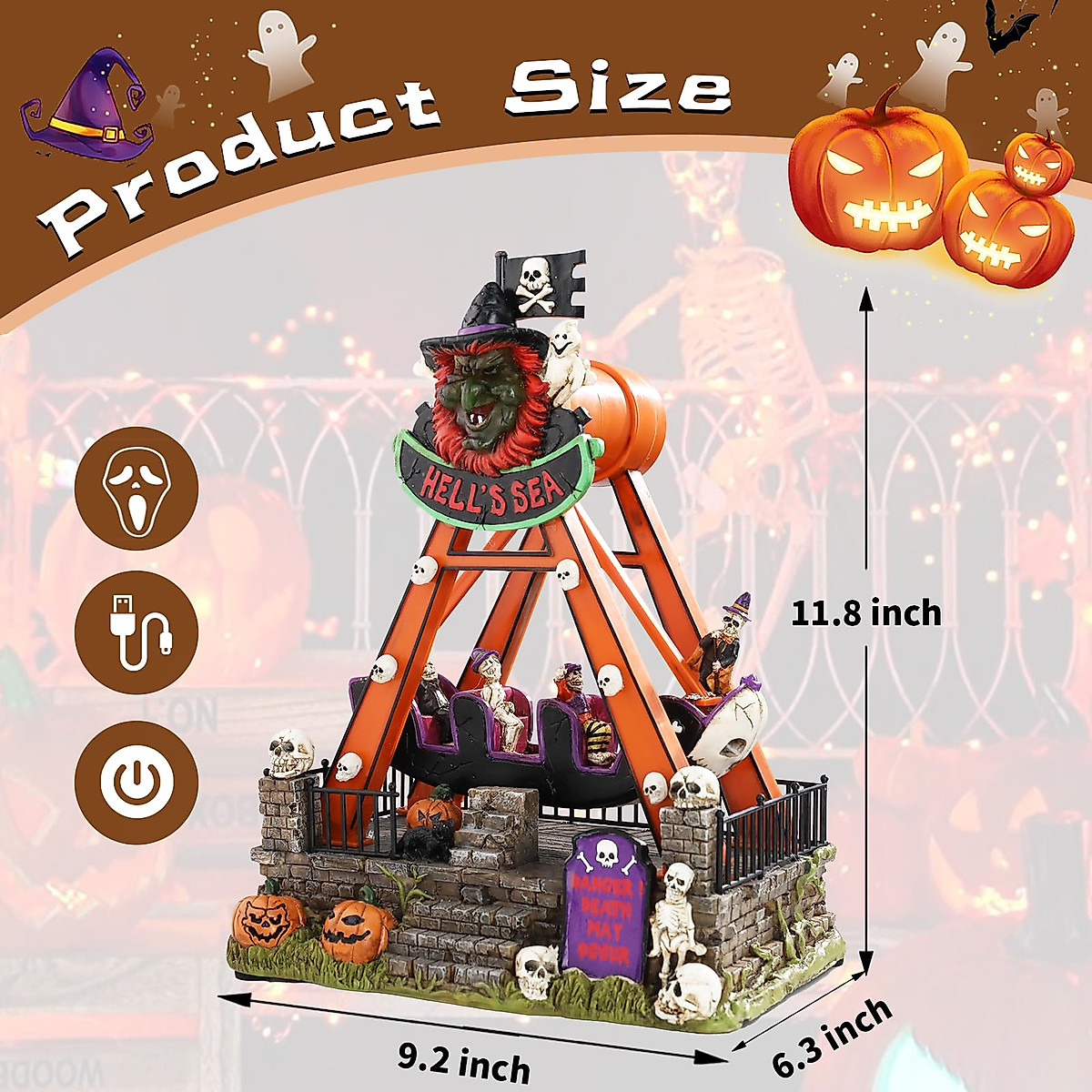 Chonsun Halloween Decoration Indoor Village House - Halloween Village Set Bumper Cars Pumpkin Skeleton Ghost Halloween Table Figurines with Motion and Creepy Laughter USB Powered Home Decor