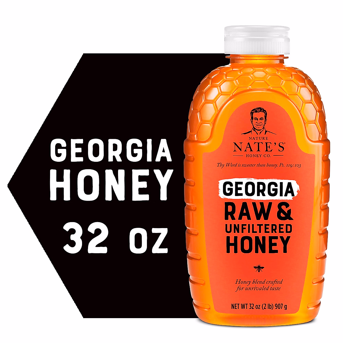 Nate's Georgia 100% Pure, Raw & Unfiltered Honey, 32 oz. Squeeze Bottle - All-natural Sweetener