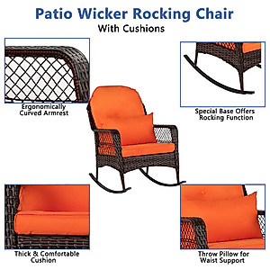 VINGLI Patio Wicker Rocking Chairs with Cushions, Outdoor Rattan Patio Rocker Chairs, Patio Wicker Furniture for Porch Deck Garden Backyard Brown & Orange