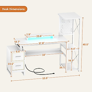 Computer Desk with 2 Fabric Drawers - Reversible Home Office Desk with Power Outlet & LED Lights, 53" Writing Desk with Monitor Stand & Storage Shelves, Gaming Desk Study Table with Pegboard, White