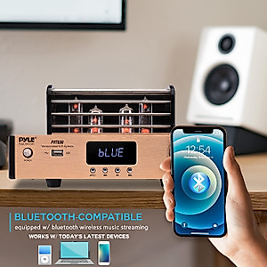 Pyle Bluetooth Tube Amplifier Stereo Receiver - 1000W Home Audio Desktop Stereo Vacuum Hi-Fi Power Amplifier Receiver w/ 4 Vacuum Tubes, USB/CD/DVD Input, Optical/Coaxial, Subwoofer Output - PVTA90