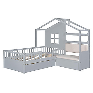 Bellemave Twin Size House Bed with Sofa, Kids Twin Platform Bed with Two Drawers and Storage Shelf, for Girls Boys - Gray