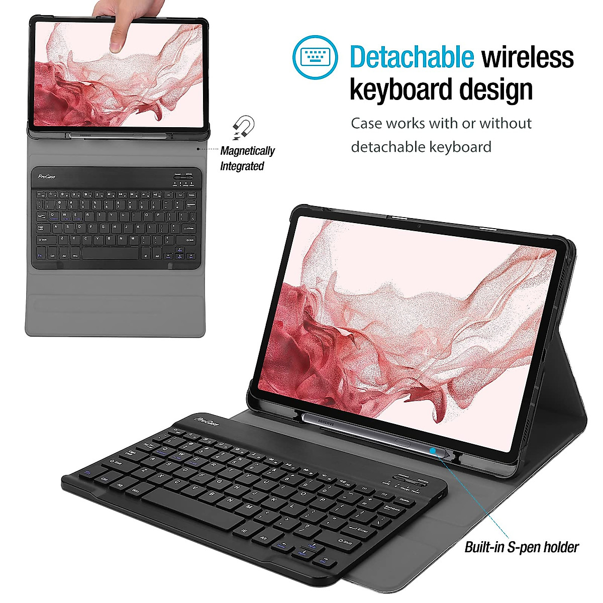 ProCase Galaxy Tab S8 / Tab S7 11 inch Keyboard Case SM-X700 X706 SM-T870 T875 T878, Slim Lightweight Protective Cover with Magnetically Detachable Wireless Keyboard -Black