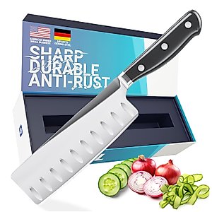 FOXEL Best Nakiri Knife 5.76 Inch Square Vegetable Knife - Hallowed Edge Razor Sharp German High Carbon Steel - Full Tang Balanced Handle for Produce, Fruits, and Veggies
