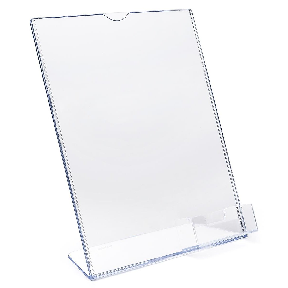 Displays2go Set of 6, Slanted Plastic Sign Frame with Attached Business Card Holder For Desktop Use, Clear Injection Molded Tabletop Sign Holder, Top Loading